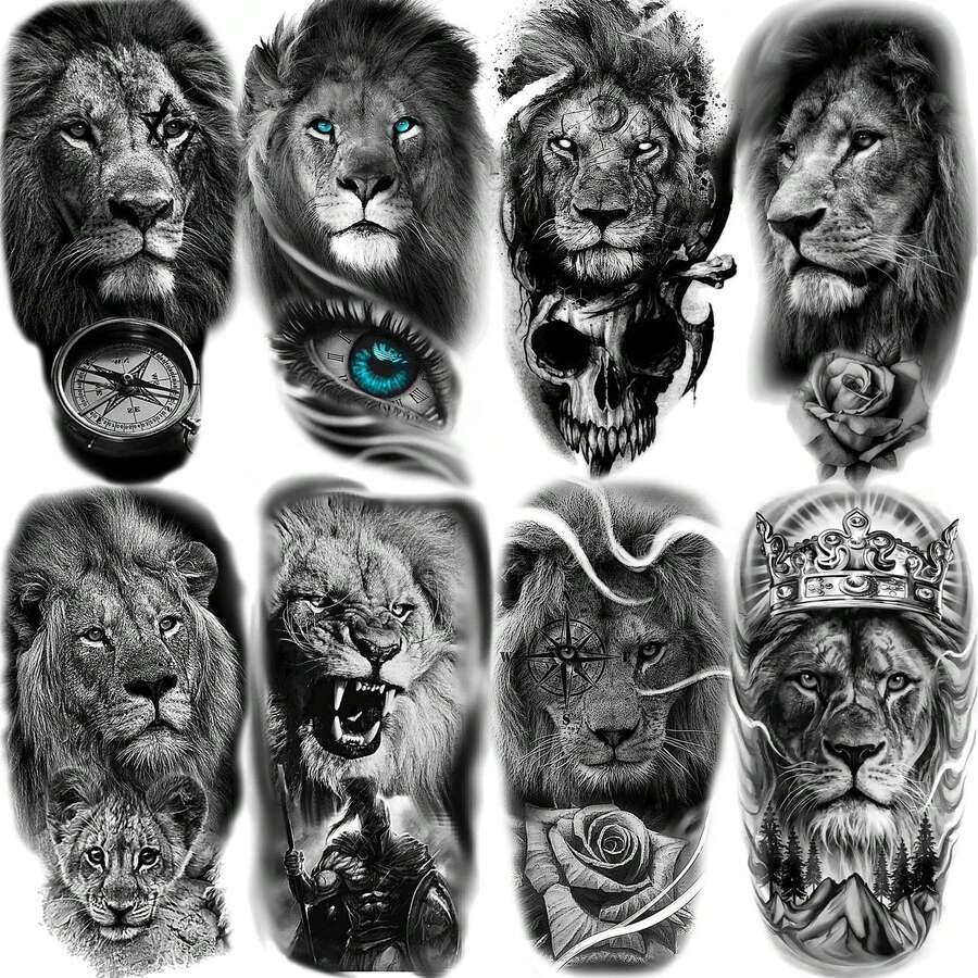8 Sheets Large Realistic Lion Temporary Tattoo Stickers For Men Women ...