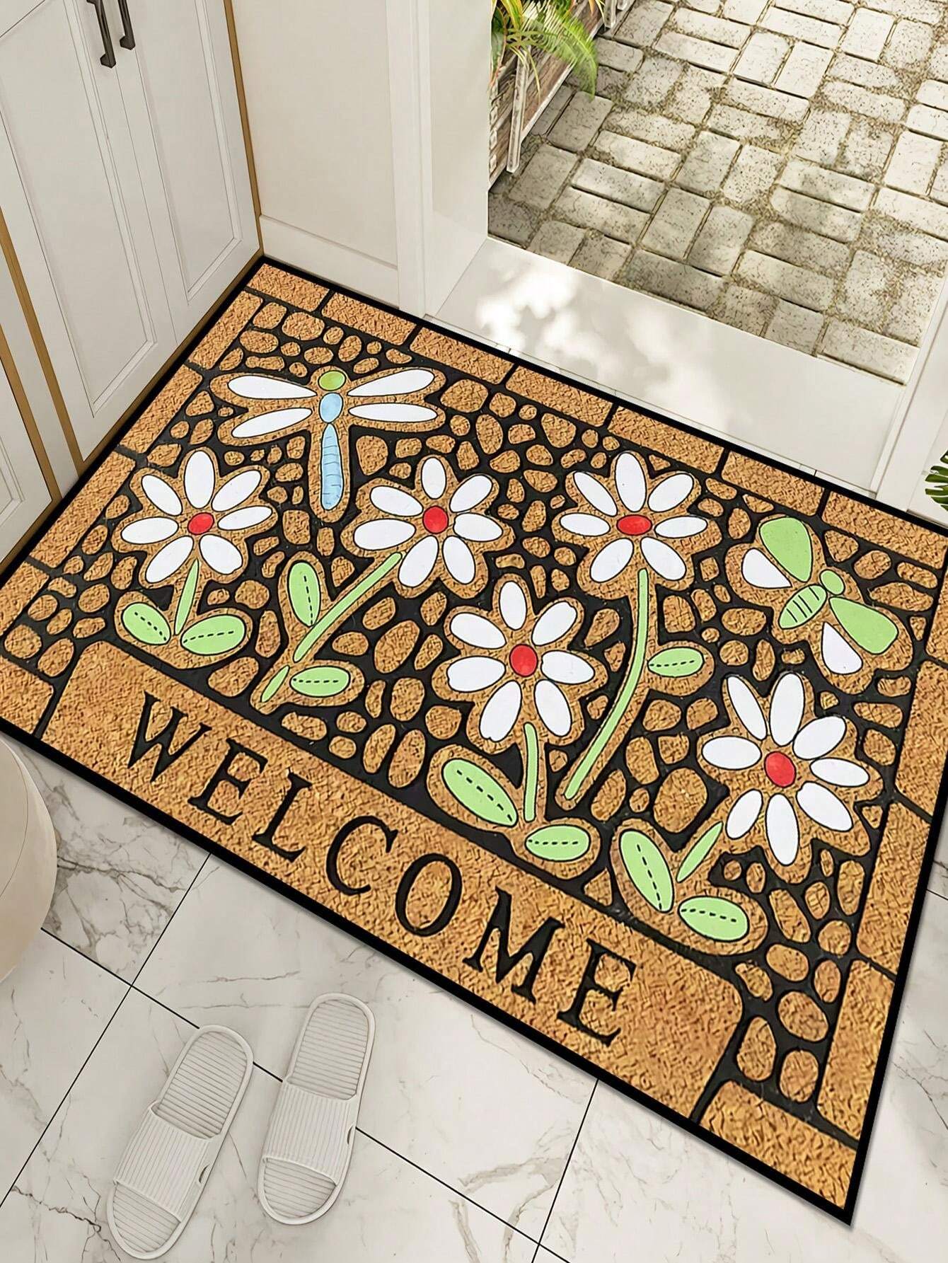 1pc Floral Green Leaf Welcome Pattern Doormat, Simple Style Short Plush ...