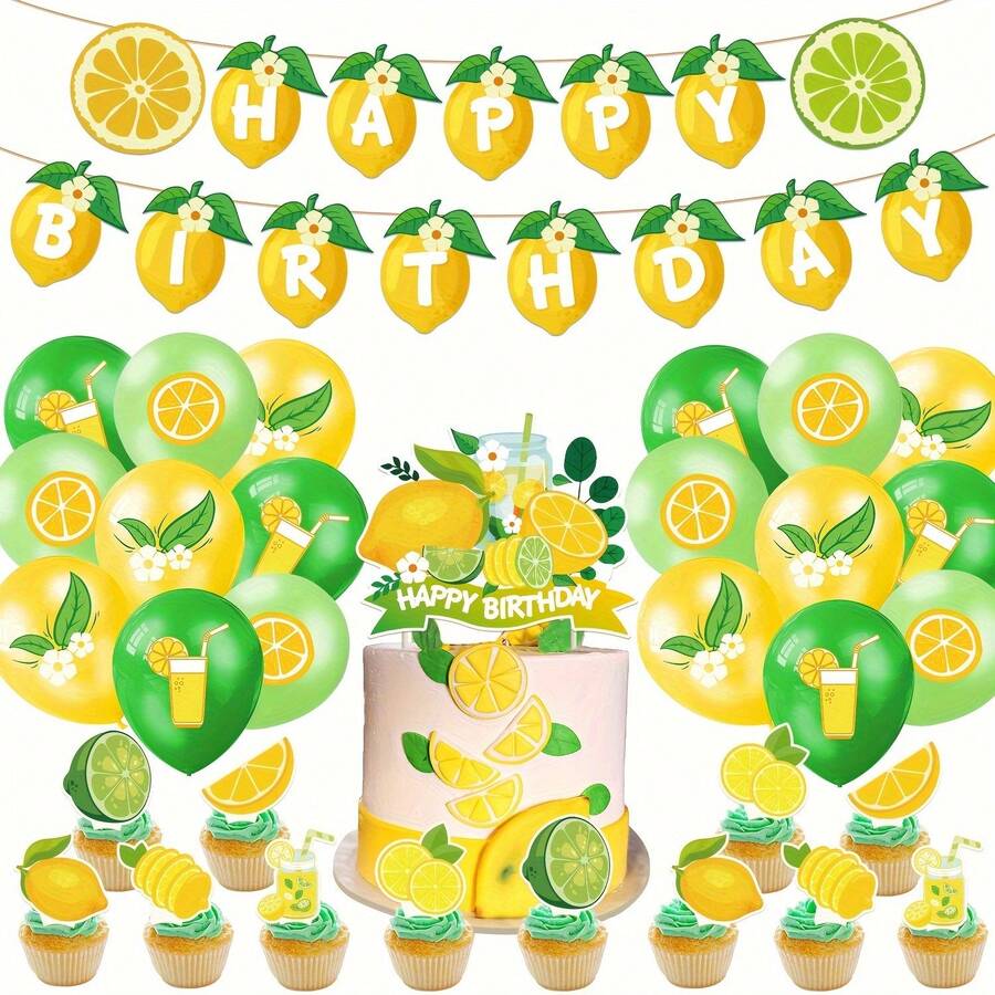Summer Lemon Fruit Theme Party Decoration Kit: Lemon Banner, Cake ...