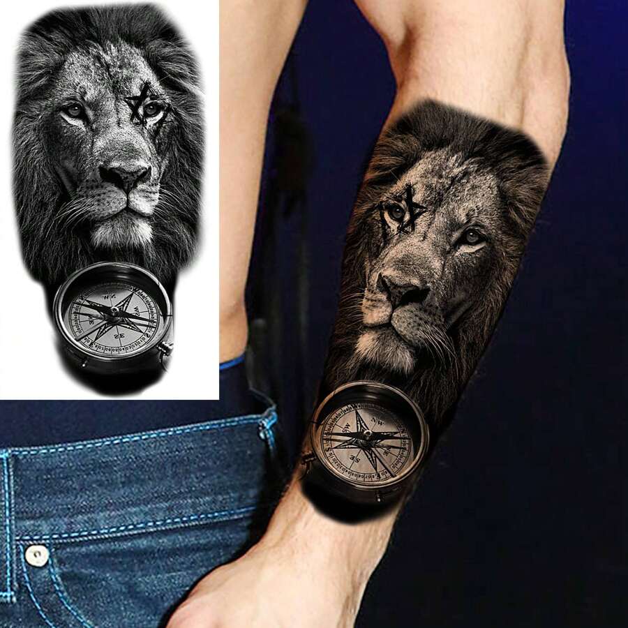 8 Sheets Large Realistic Lion Temporary Tattoo Stickers For Men Women ...