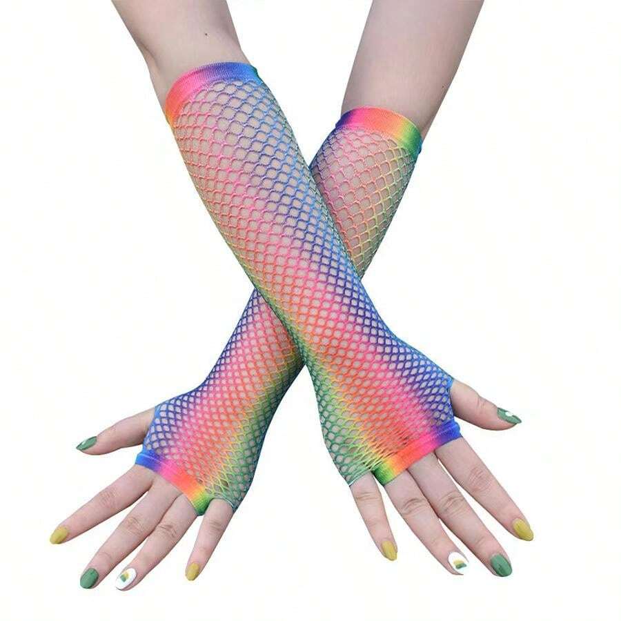 1pc Rainbow Fishnet Glove Elastic Mesh Cosplay Party Hip Hop Sexy Multicolored Short To Medium ...