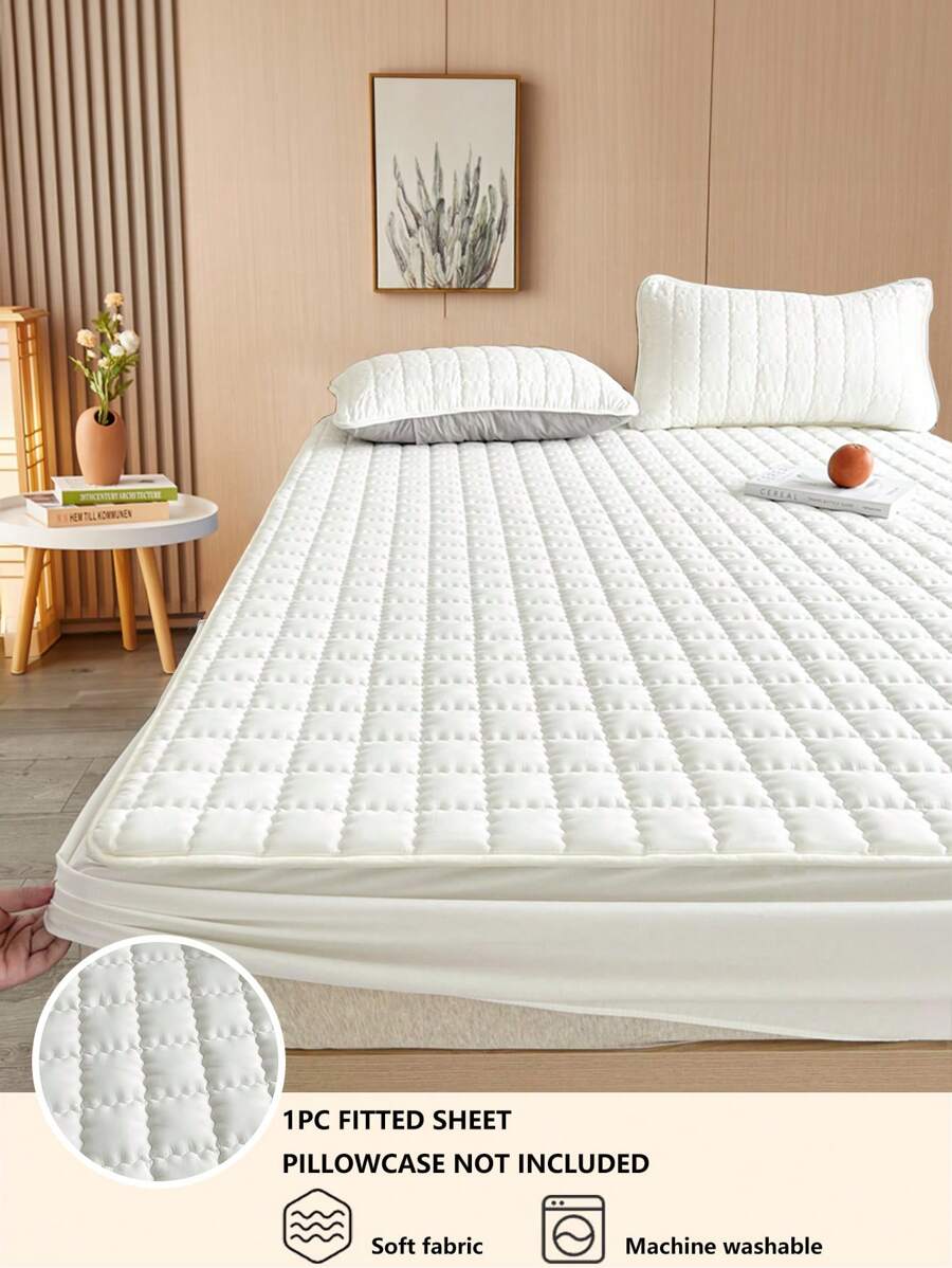 1pc Quilted Fitted Sheet, Solid Color Mattress Protector, All-Round ...