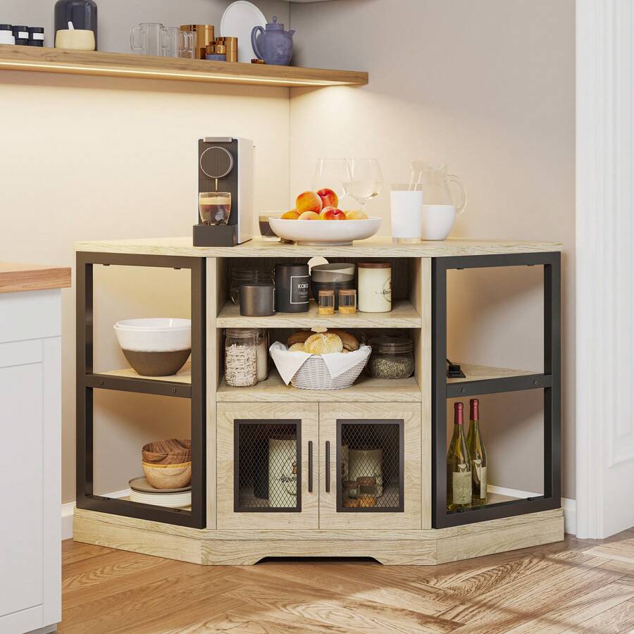 YITAHOME 2-Tier Farmhouse Corner Cabinet With 6 Cubbies & Power Outlets ...