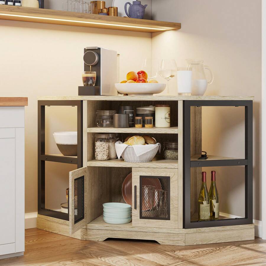 YITAHOME 2-Tier Farmhouse Corner Cabinet With 6 Cubbies & Power Outlets ...