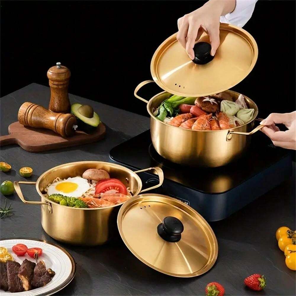 Korean Style Golden Ramen Pot, Commercial Dual Ear Covered Stainless ...
