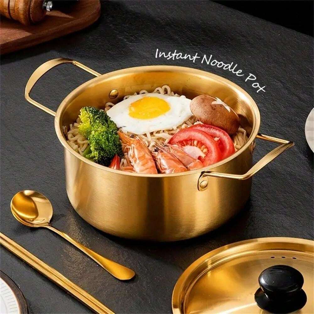 Korean Style Golden Ramen Pot, Commercial Dual Ear Covered Stainless ...