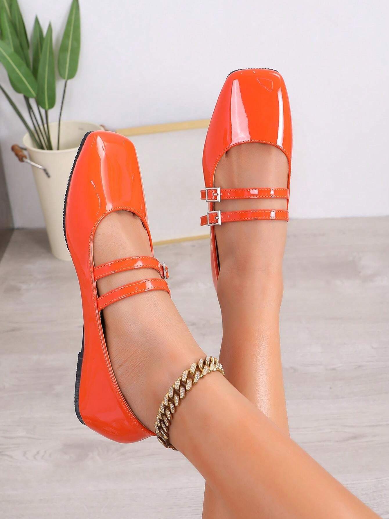 Women Orange Square Toe Ballet Flats, Retro French Style Flat Work ...