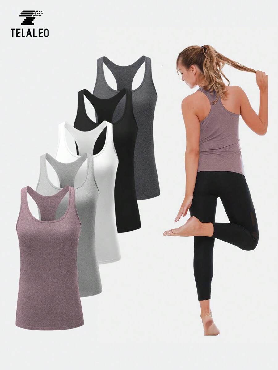 TELALEO 5 แพ็คผู้หญิงรอบคอ Sporty Top,เสื้อกล้ามออกกำลังกาย, สีทึบกลาง ...