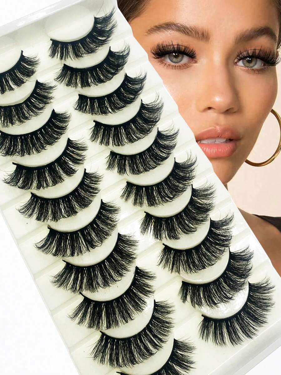 Pack Of 10 Pairs Faux Fur Eyelashes, Cat-Eye Style With Dense, Curled ...