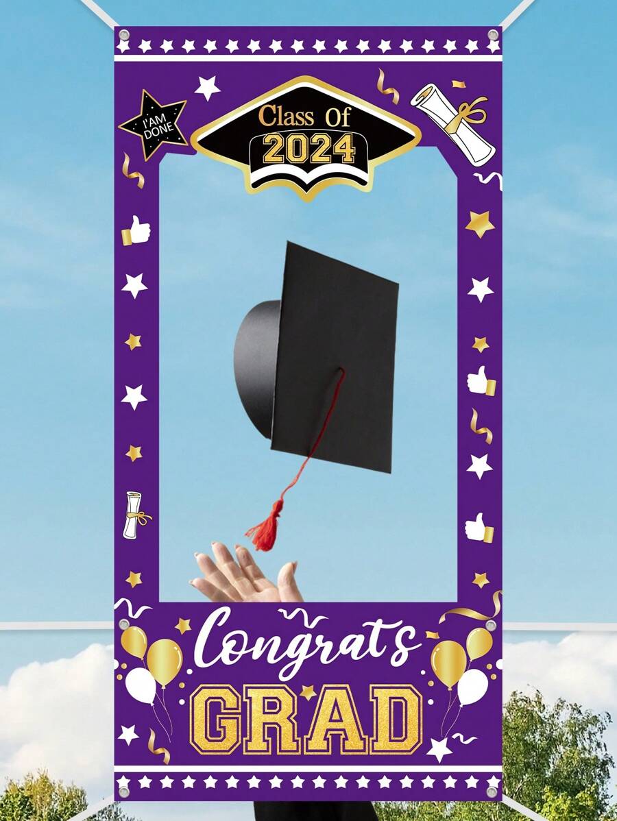 1Pc 2024 Graduation Hollowed-Out Photo Booth Props , Purple And Golden ...