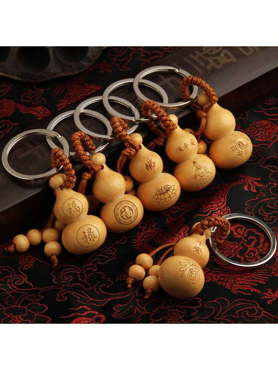 1pc Traditional Chinese Wooden Gourd Shaped Keychain For Car Keys ...