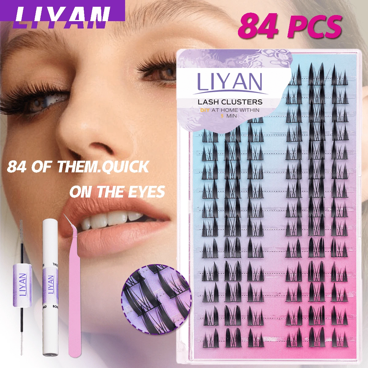 LIYAN 14 Rows 84 Blooms Thick Cat Cartoon Clusters False Eyelashes ...