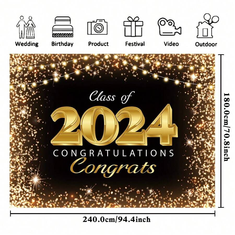 Congrats Grad Photography Backdrop, Vinyl Gold Glitter Light String ...