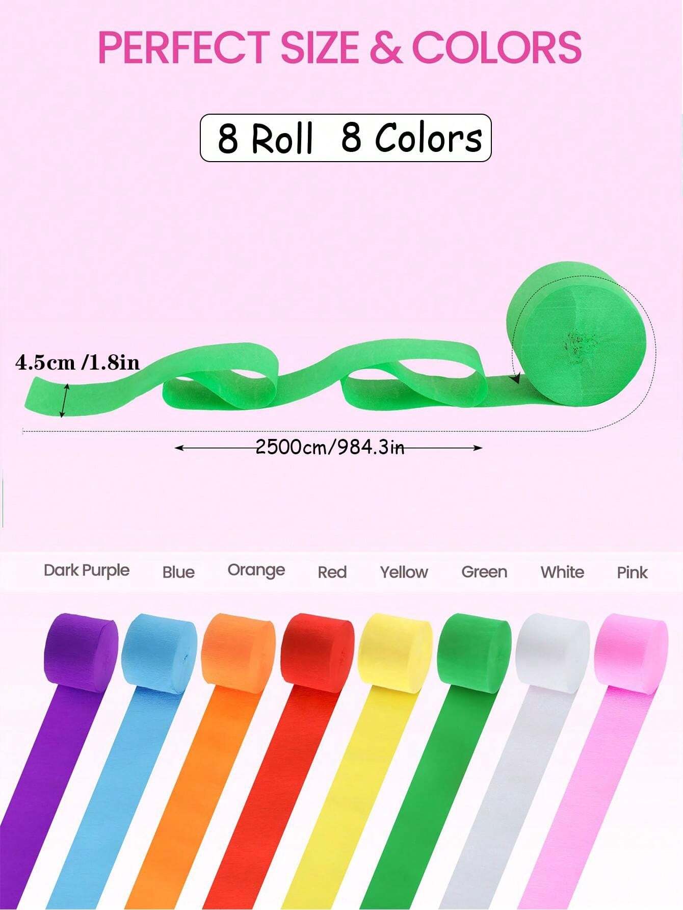 8 Rolls 656ft Crepe Paper Streamers , Pack Of Rainbow Assorted Colored ...