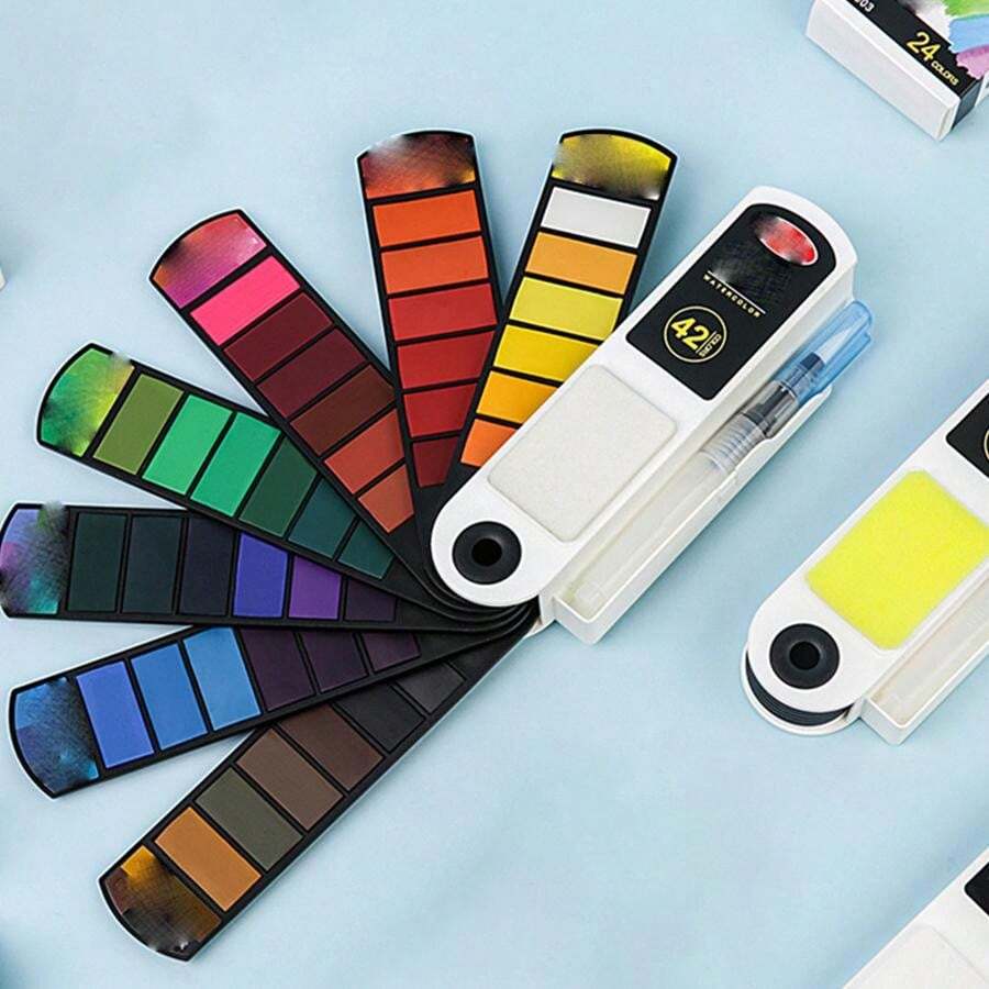 Pigmento de color mezclado con pincel, moderno conjunto de pintura ...