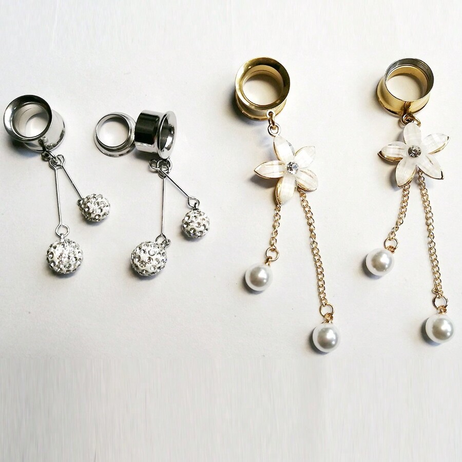 2PCS Pearl Dangle Gauges For Women 18K Gold Plated Dangling Ear Plugs And Tunnels Blue Gemstone ...