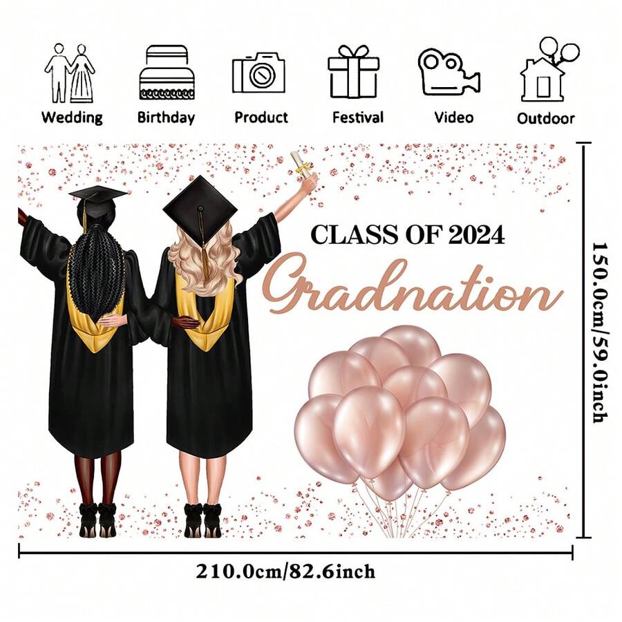 1pc Congrats Grad Photo Backdrop, Vinyl Pink Balloon Pattern 2024 High ...