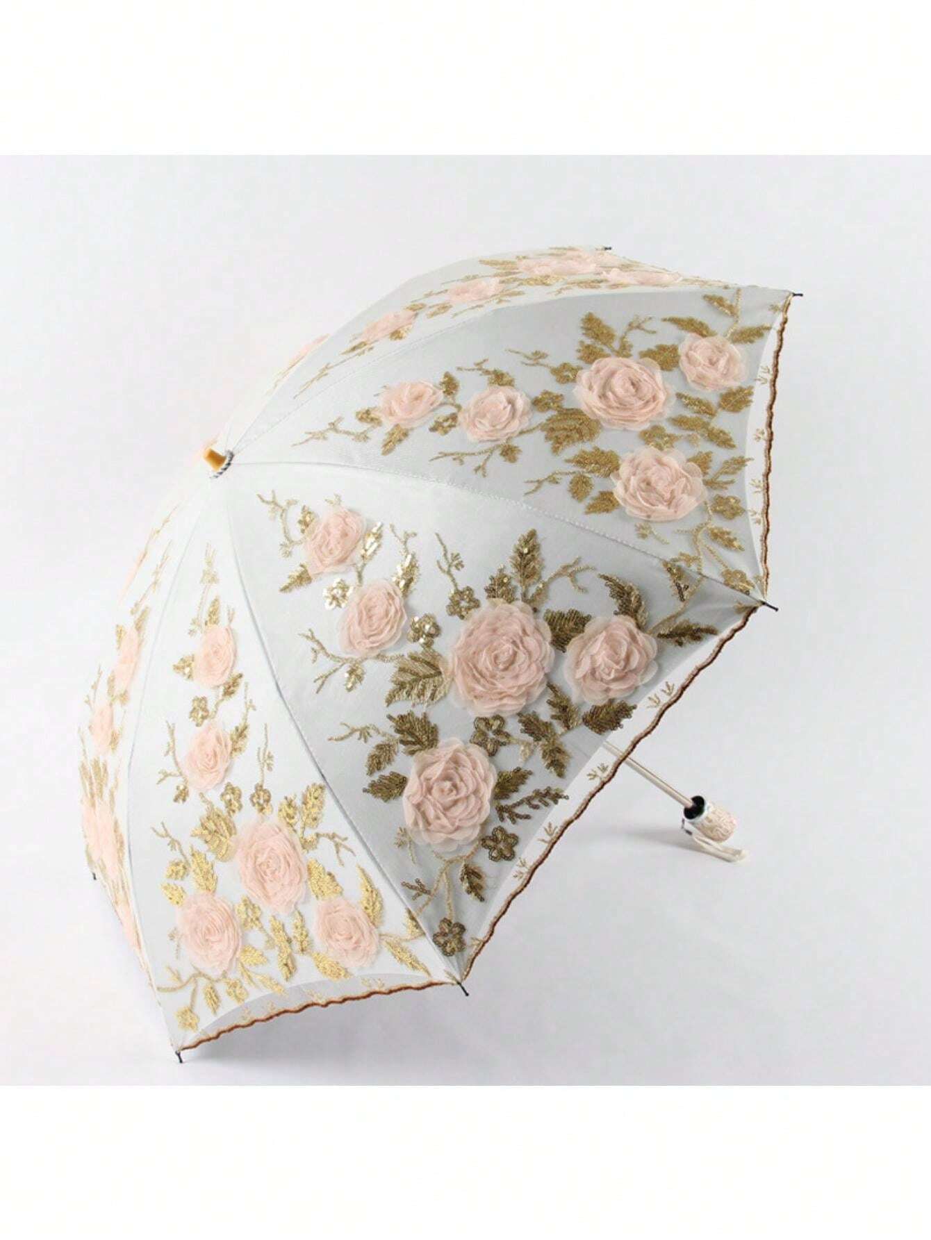 Double Layers Embroidered Flower Lace Umbrella, Black Coating Anti-UV ...