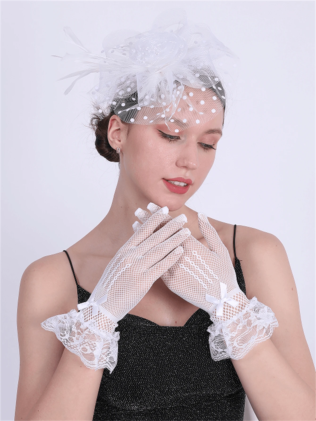 1Set Fascinators Hats And Lace Gloves Set For Women Fancy Tea Party ...