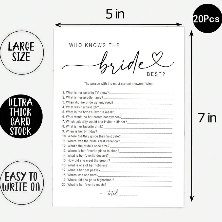 20Pcs Bridal Shower Games Who Knows The Bride Best Cards, Fun ...
