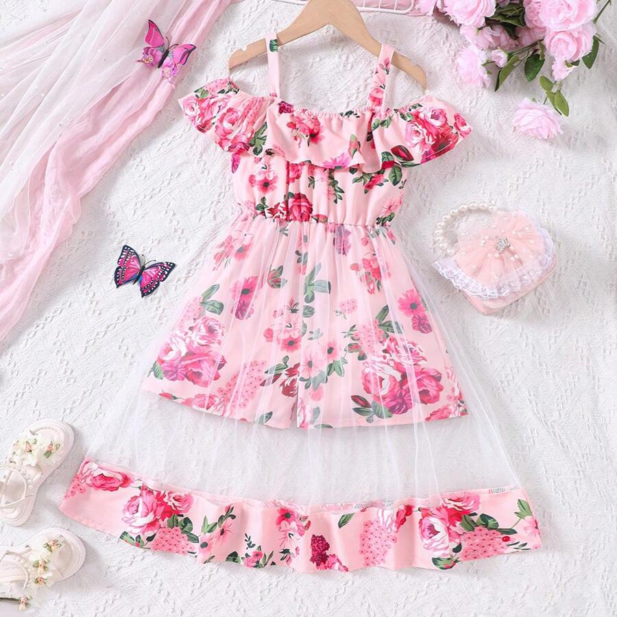 Tween Girl Summer Floral Printed Contrast Mesh Jumpsuit, Perfect For ...