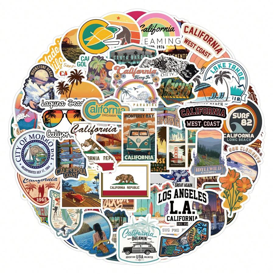 60pcs/Pack California USA Travel Theme Stickers, Cute Cartoon Aesthetic ...