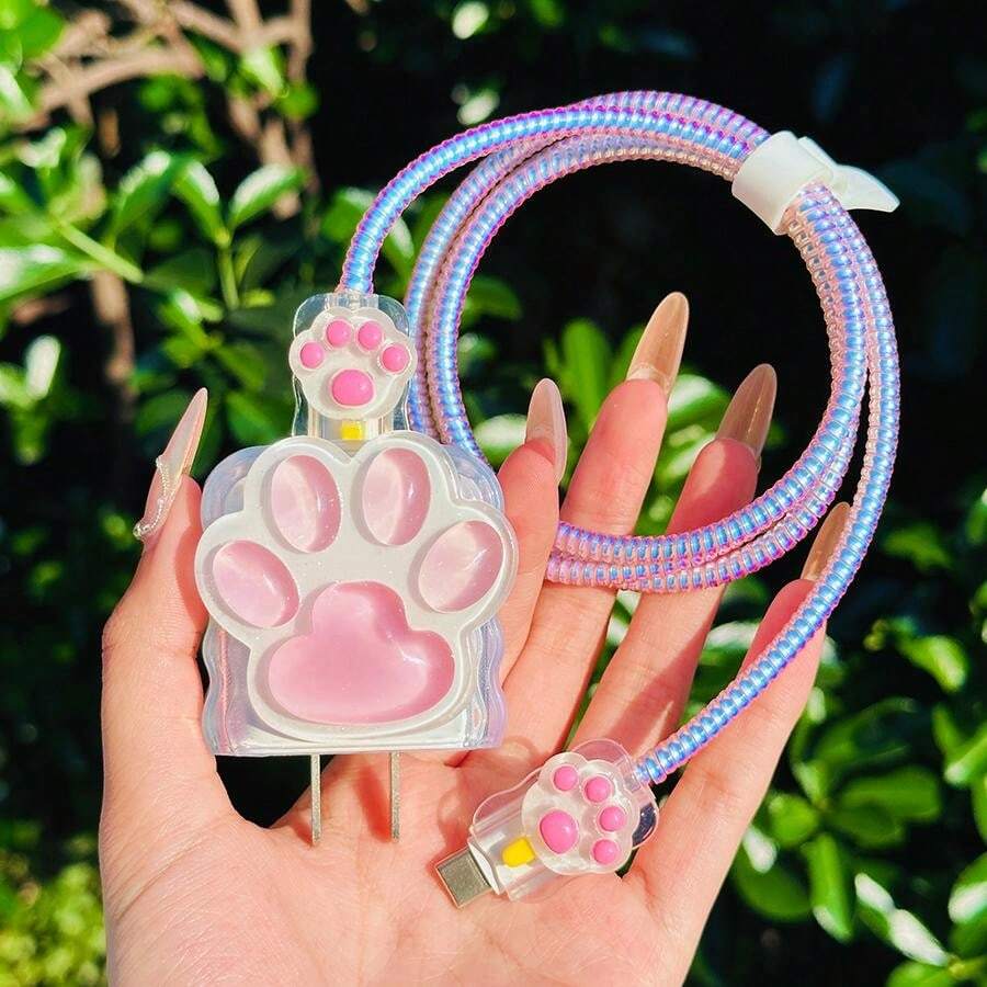 5pcs/Set 3D Cartoon Pink Paw Design Charging Cable Protector And Soft ...