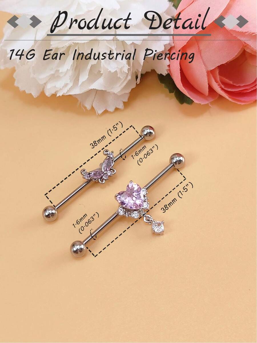 2pcs Industrial Bars Silver Pink Golden Scaffold Barbells 38mm Stainless Steel 14G Butterfly ...