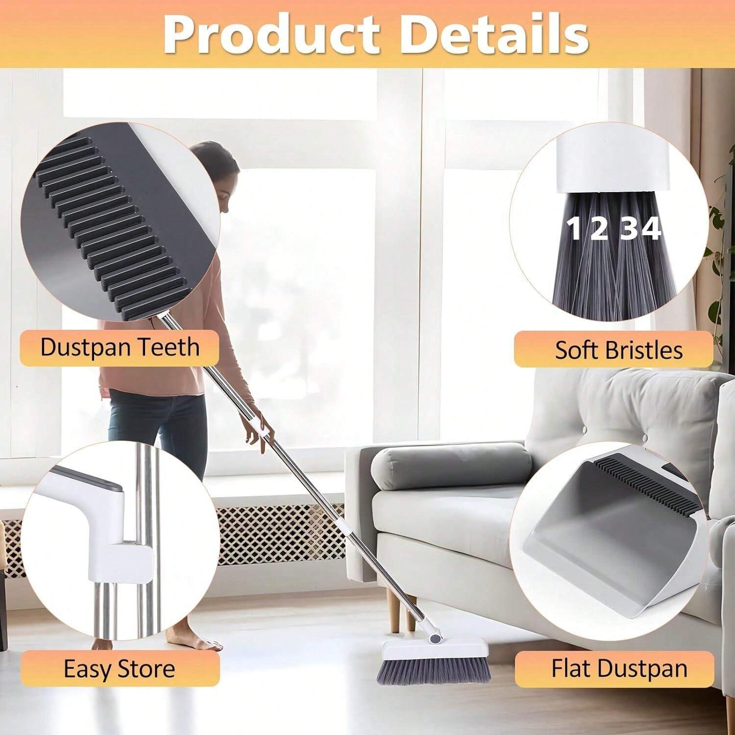 3pcs Broom With Dustpan Combo Set,Brooms For Sweeping Indoor And Outdoor 3 In 1 Long Handle ...