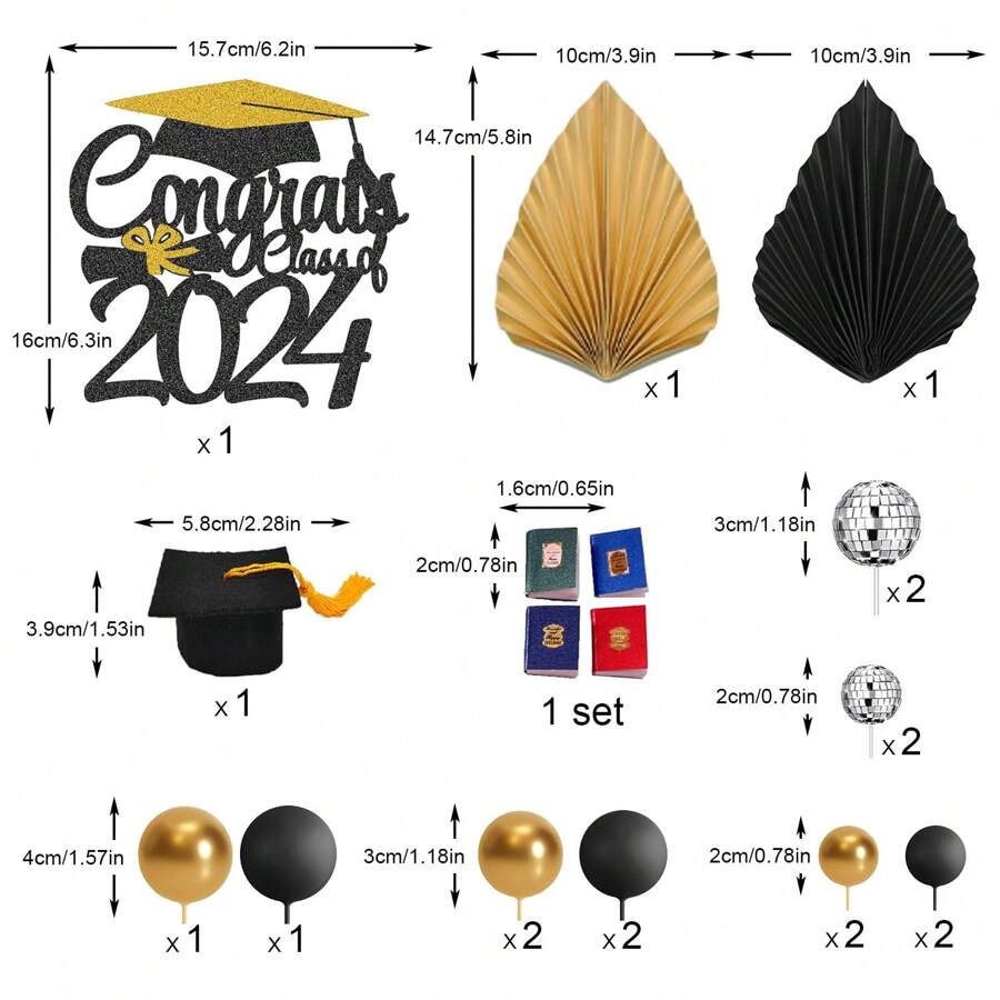 Graduate Cake Toppers Mirror Black Golden White Ball Cake Toppers Books ...