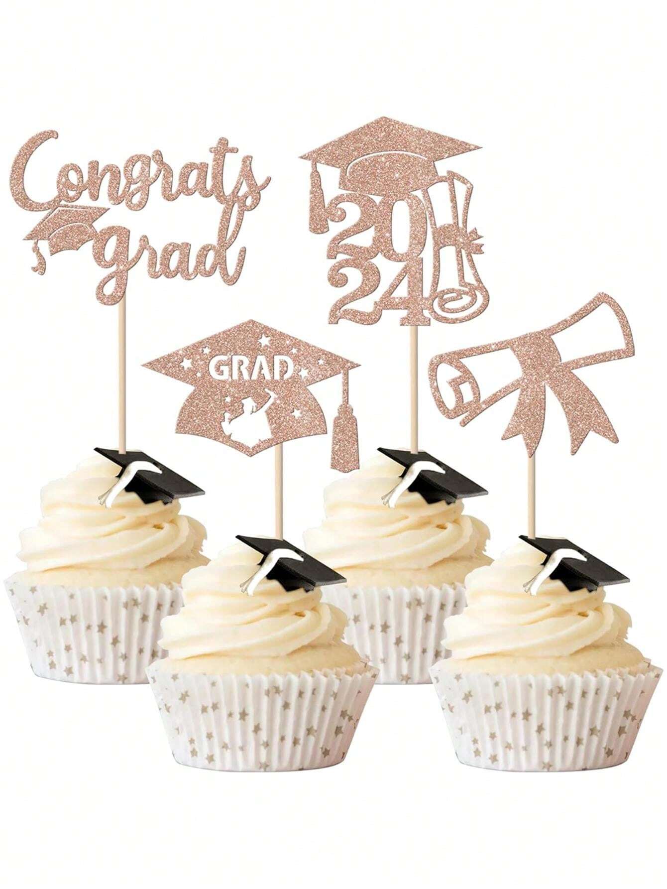 12pcs Graduation Cake Decorations - 2024 Rose Gold Graduation Cap ...