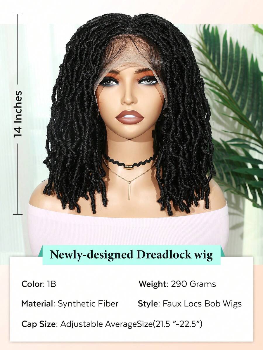 Short Curly Faux Locs Lace Frontal Wig 14 Inch Natural Black 4x4 Large ...