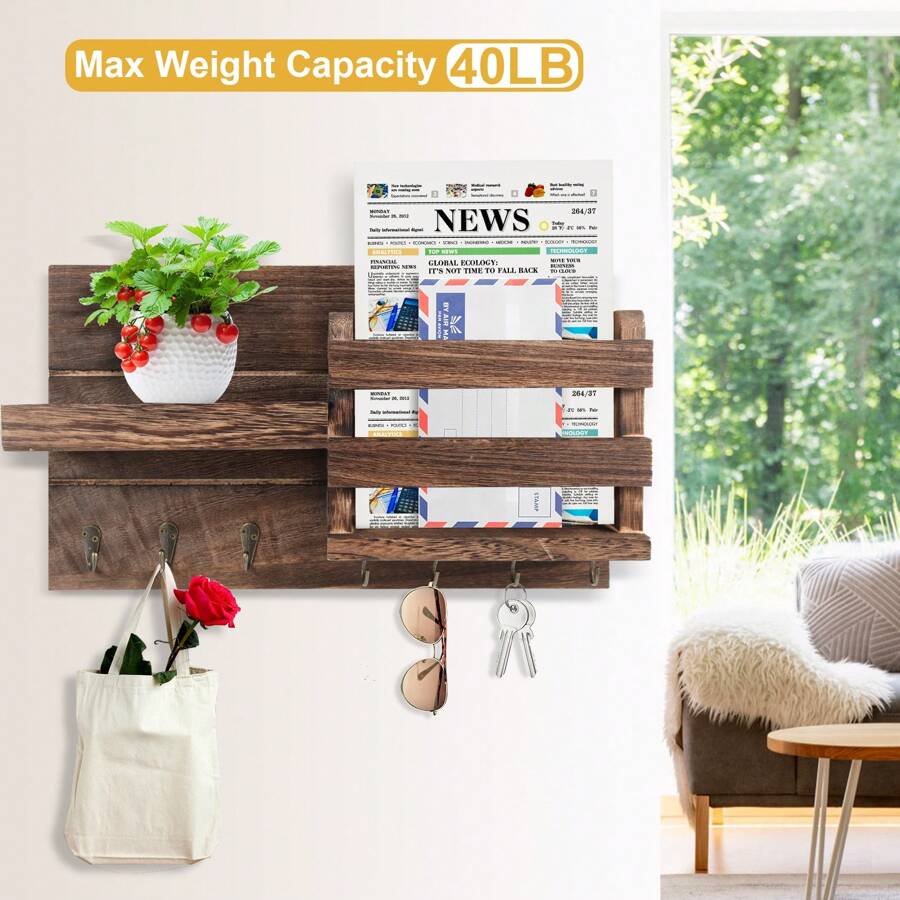 Wood Mail Organizer Wall-Mounted - Mail Holder With Key Hooks, Key ...