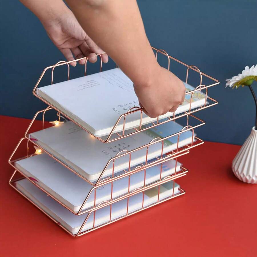 1/2pcs A4 Desktop File Holder, Rose Gold Metal Mesh Desk Organizer Tray ...