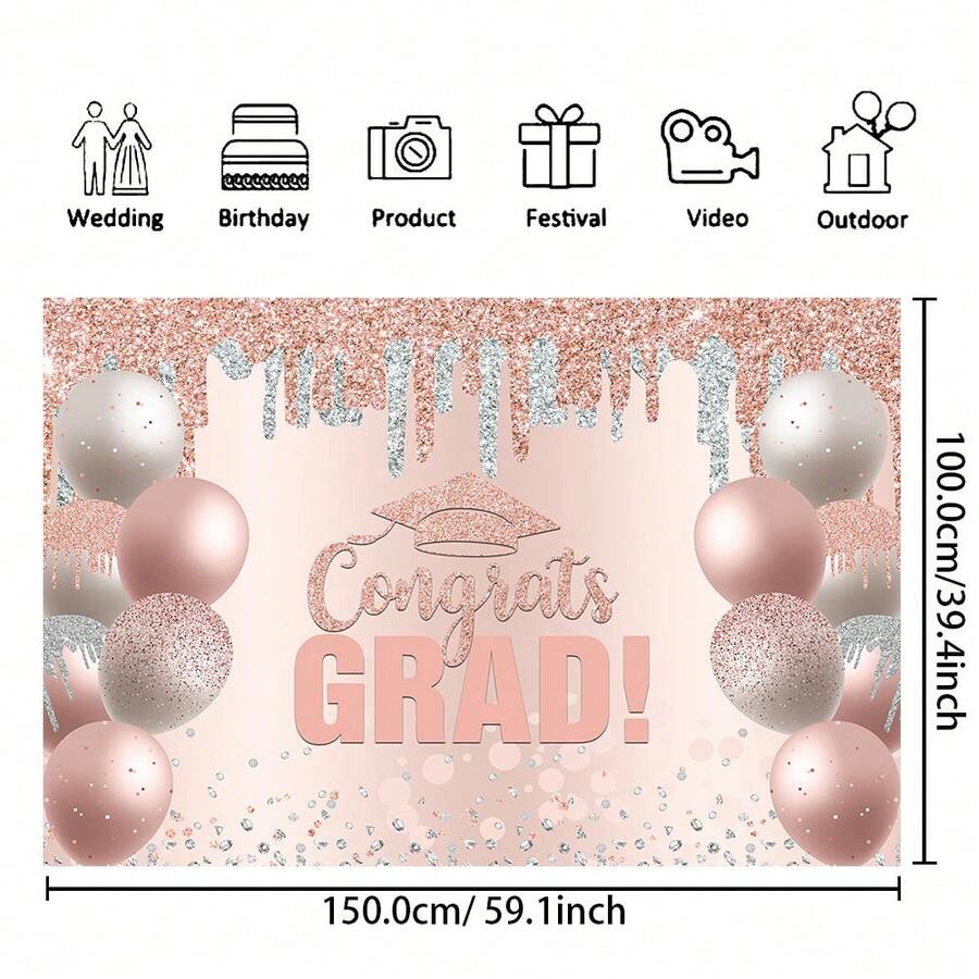 1pc Congrats Grad Photography Backdrop, Vinyl Bachelor Cap Peach Pink ...