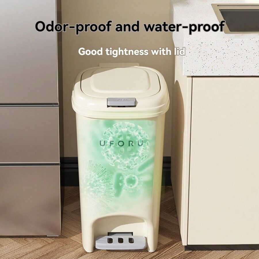 1pc High-End Foot Pedal Trash Can With Lid Large Capacity Cream-Colored ...