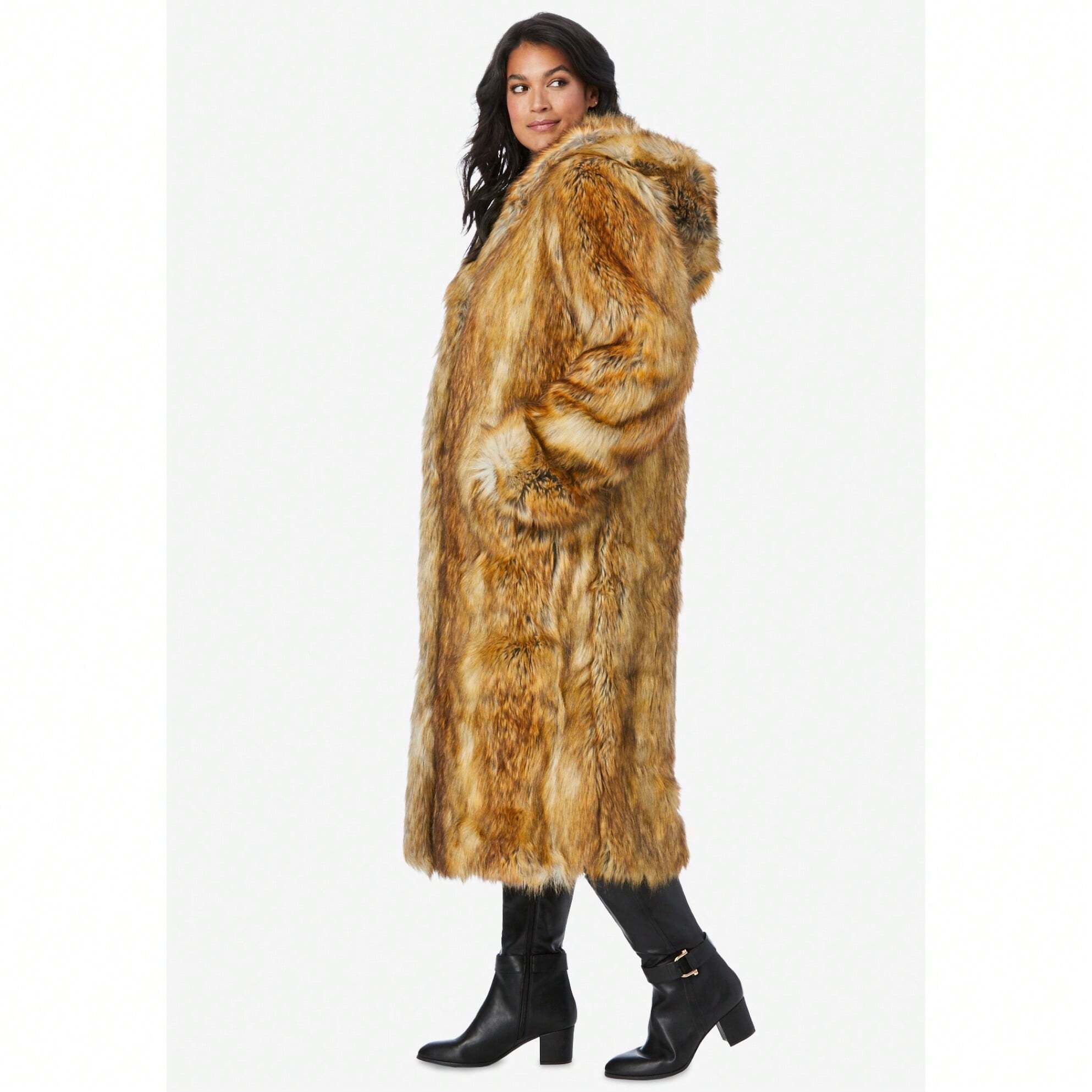 Roaman's Women's Plus Size Full Length Faux-Fur Coat With Hood | SHEIN USA