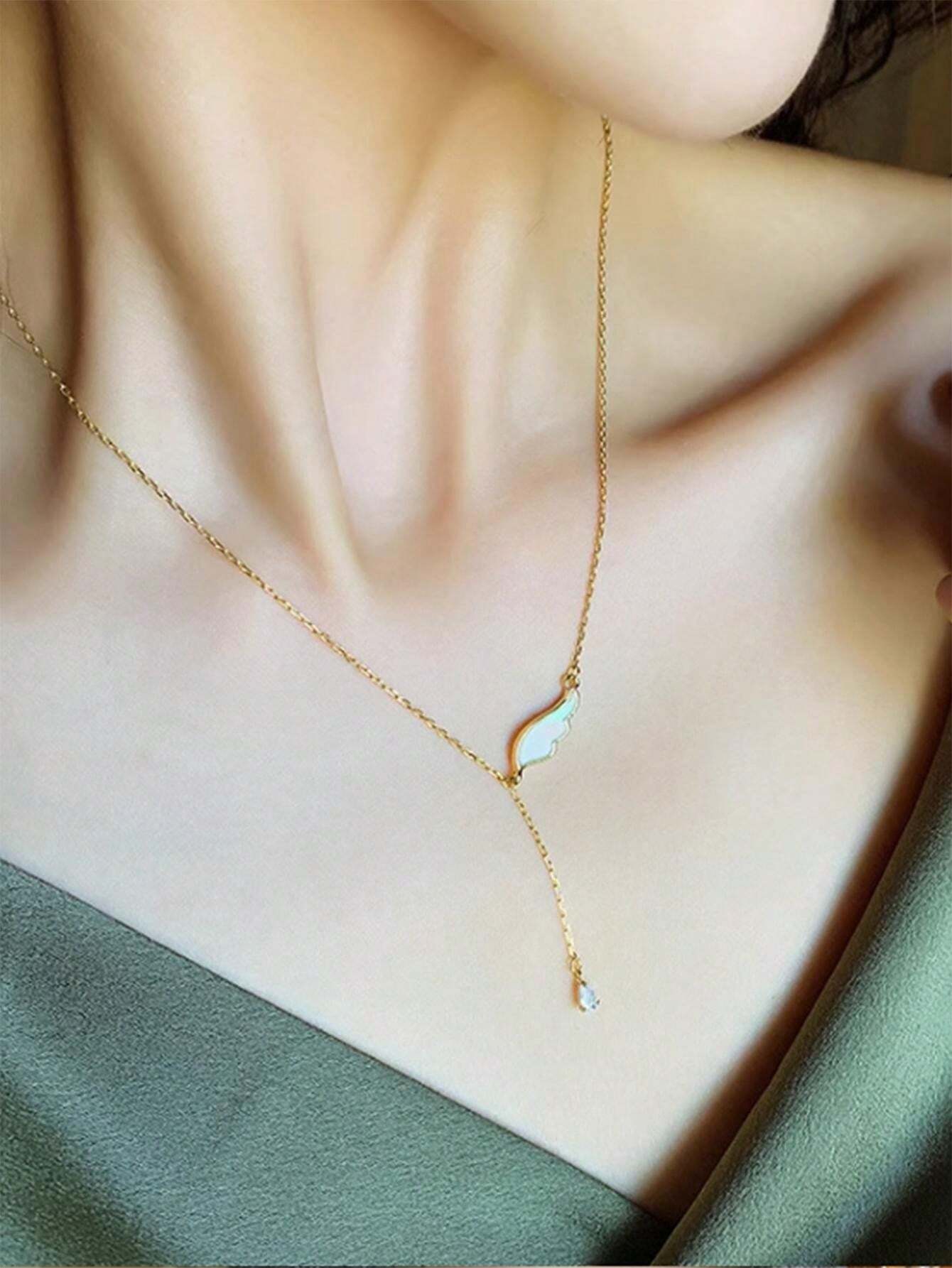 New S925 Sterling Silver Collarbone Necklace For 2024, With Angel Wing Design And White Mother ...