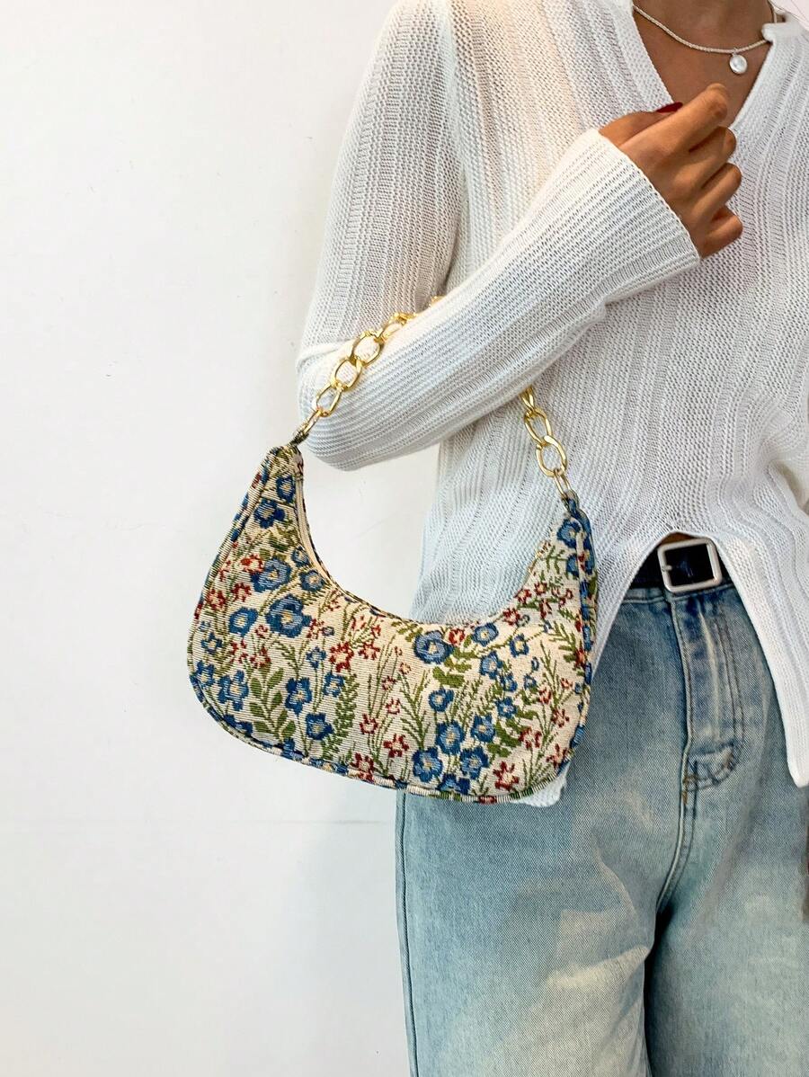 Fashion Metal Chain Handbag With Flower Design,Floral Printed Canvas ...