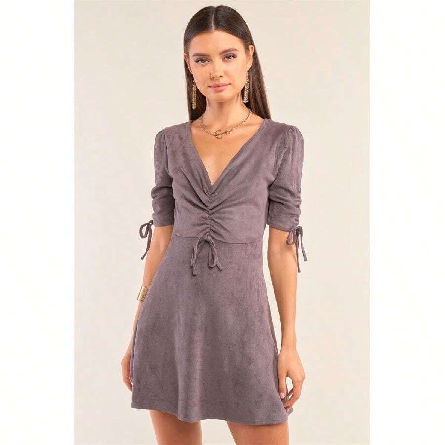 Charcoal Grey Suede Deep Plunge V-Neck Gathered Detail Tight Fit Mini ...