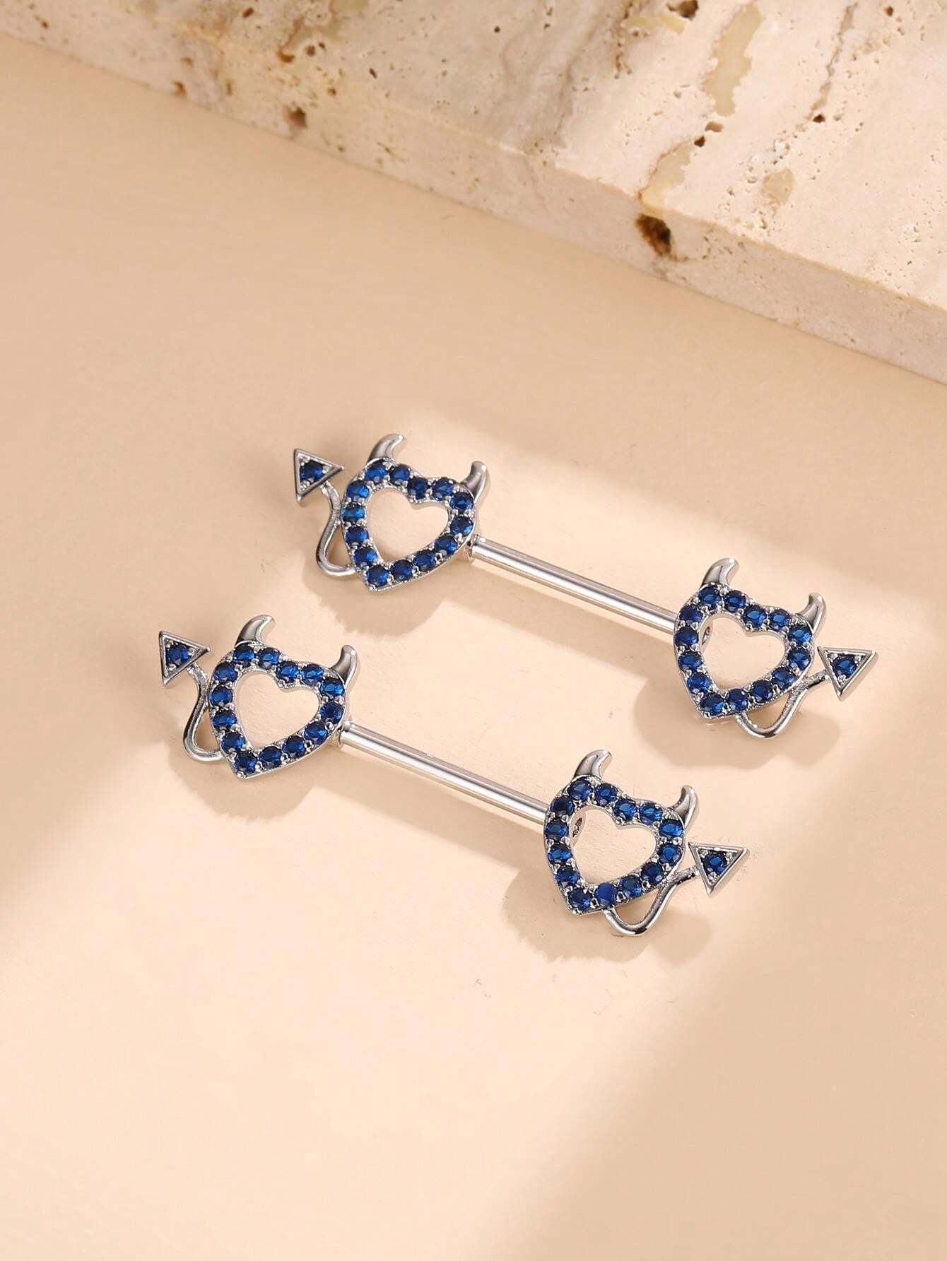 2pcs Fashionable Stainless Steel Heart-Shaped Devil Horns Nipple Rings ...