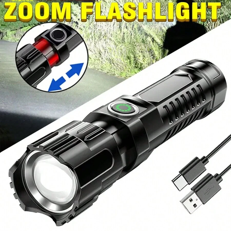 1PC Powerful LED Flashlight Built-In Battery USB Rechargeable Zoom ...