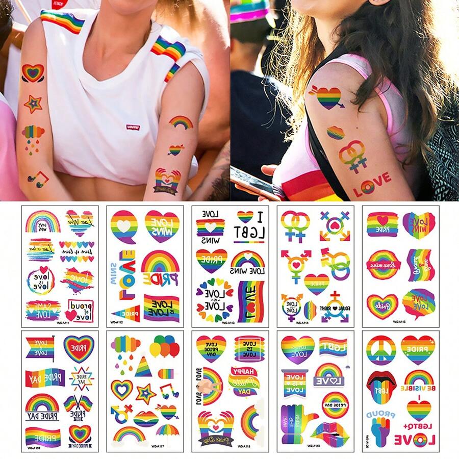 10 Sheets Rainbow Temporary Tattoos Stickers, Day Tattoos Heart Rainbow ...