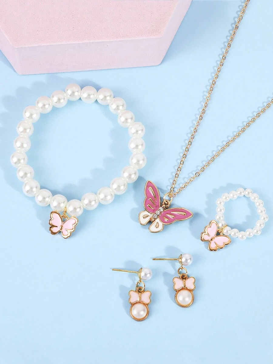 Kids' Cute Butterfly Jewelry Set With Oil Drip Effect, Faux Pearl ...