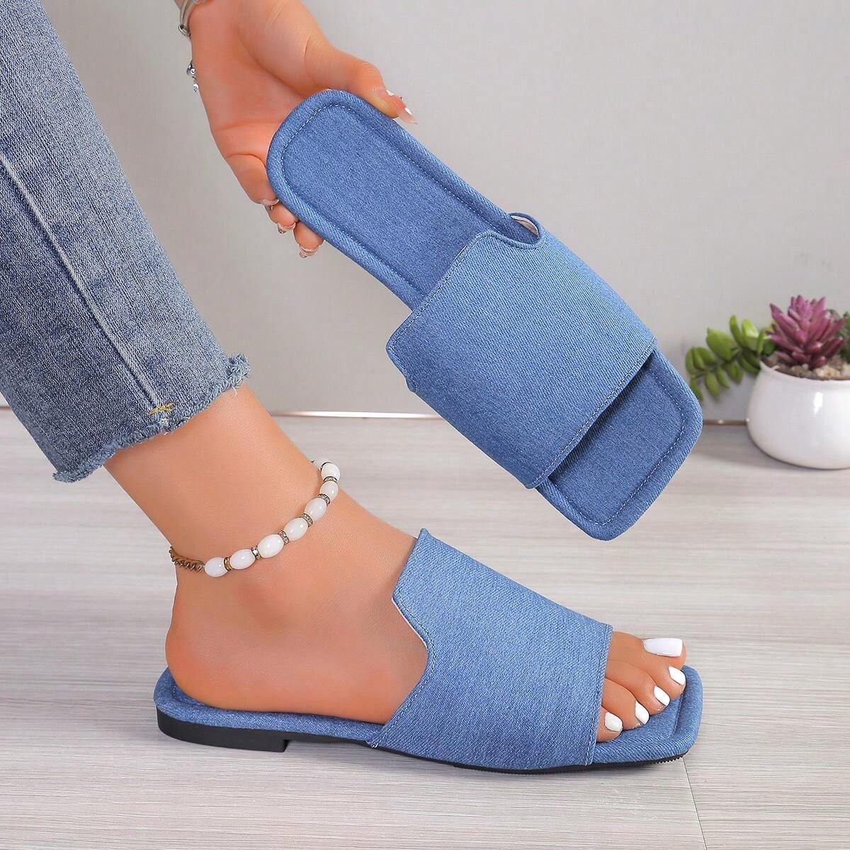 Dames denim platte slippers, eenvoudige open teen slip-ons platte ...