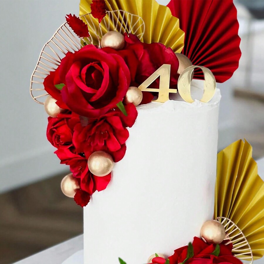 28 Pieces Gold Red Palm Leaf Cake Toppers 20 Gold Foam Ball Cake ...