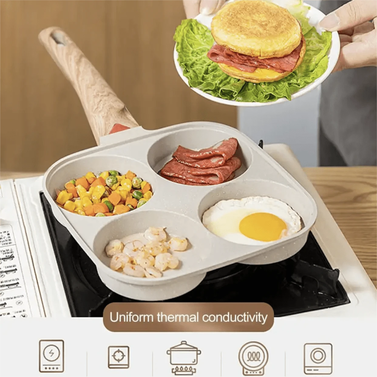 1pc 4 Compartments Non-Stick Skillet Frying Pan, Fast Heat Conduction ...