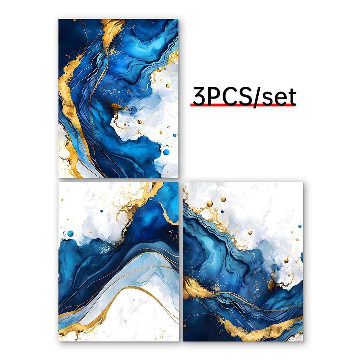 Set Of 3 Luxury Blue And Gold Abstract Canvas Prints, Abstract Art ...