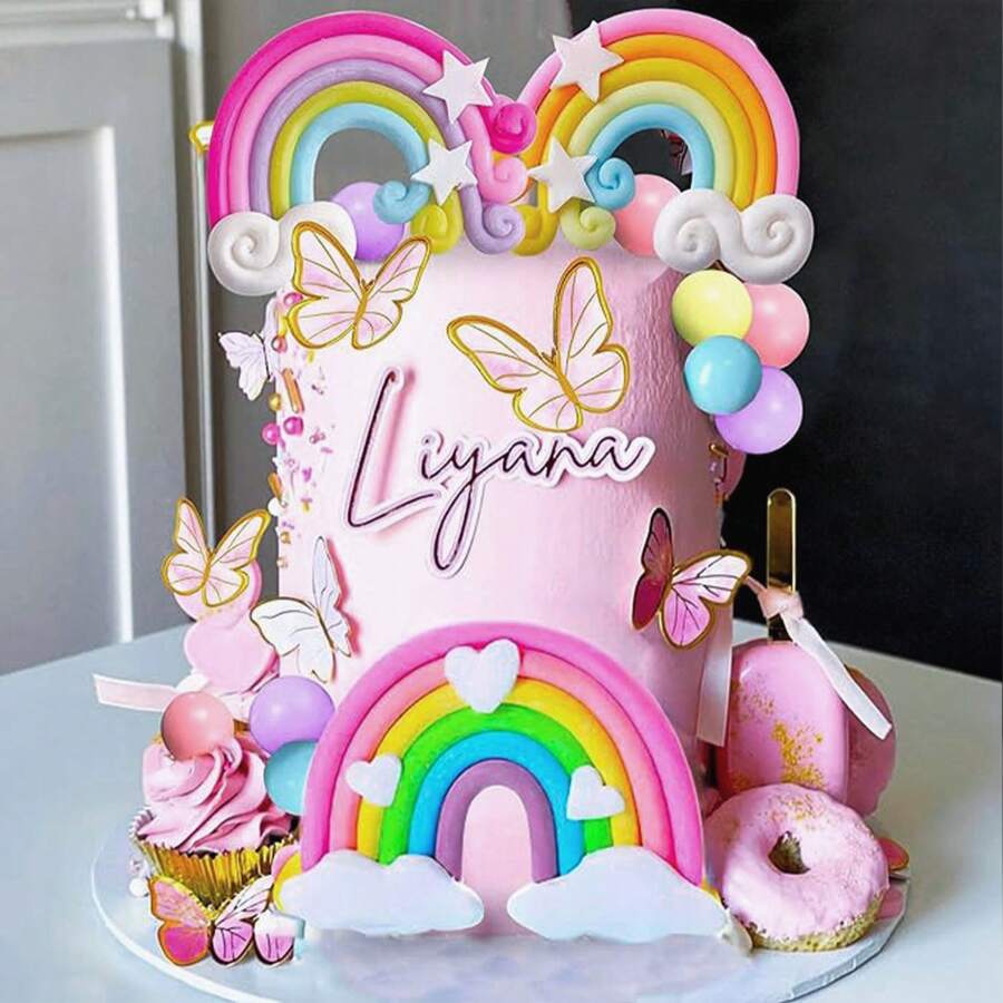 LaVenty 33 PCS Pink Rainbow Cake Topper Unicorn Rainbow Cake ...