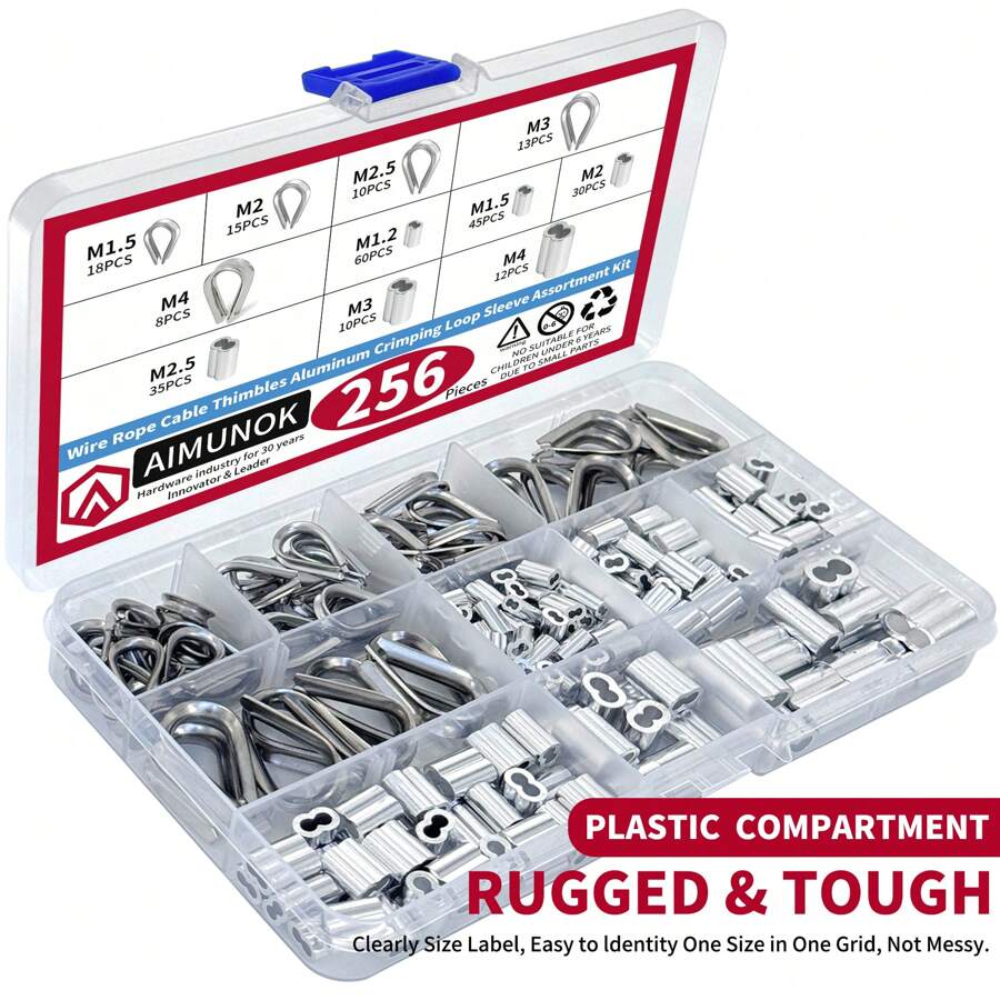 256pcs 304 Stainless Steel Wire Rope Cable Thimbles Combo And Aluminum ...